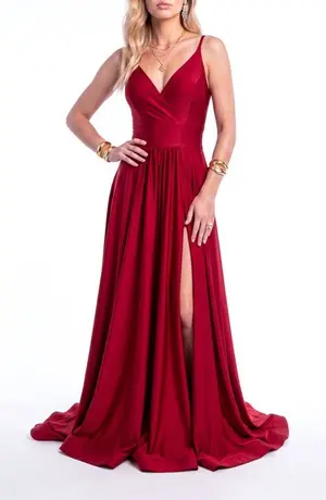 JESSICA ANGEL Jessica Angel Cross Front Neck Empire Waist Satin Gown Red