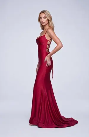 JESSICA ANGEL Cowl Neck Lace-up Open Back Mermaid Gown - Red