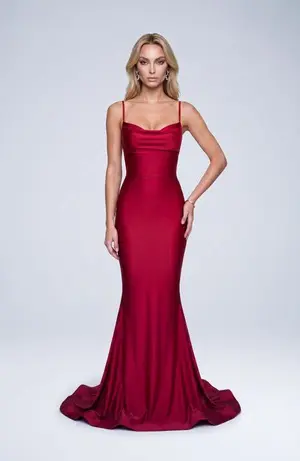 JESSICA ANGEL Cowl Neck Lace-up Open Back Mermaid Gown - Red