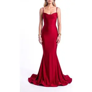 JESSICA ANGEL Cowl Neck Lace-up Open Back Mermaid Gown - Red