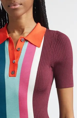 Christopher John Rogers Colorblocked Stripe Rib Polo Sweater Dress