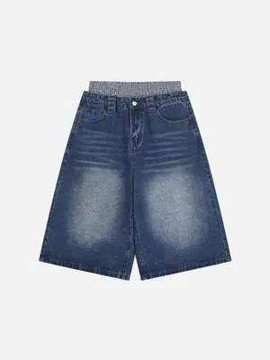 AELFRIC EDEN Double Waist Longline Denim Shorts - Dark Bule