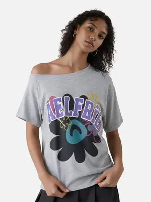 AELFRIC EDEN Flower Off-the-shoulder Tee - Grey
