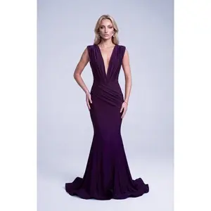 JESSICA ANGEL Ruched Plunge Pleated Sleeveless Mermaid Gown - Grape