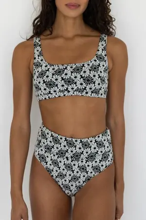 Geode Swimwear Daisy Textured Floral Square Neck Bikini Top - Black