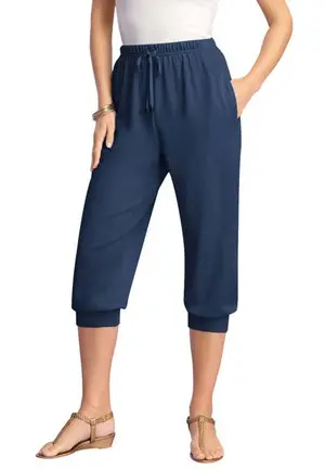 ROAMAN'S Soft Knit Capri Pants With Drawstring Waist - Navy