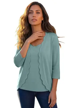 ROAMAN'S Scalloped Edge Cardigan And Tank Set - Cool Sage