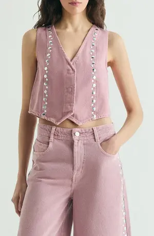 SCALPERS Denim Studded Cropped Vest - Lightpink