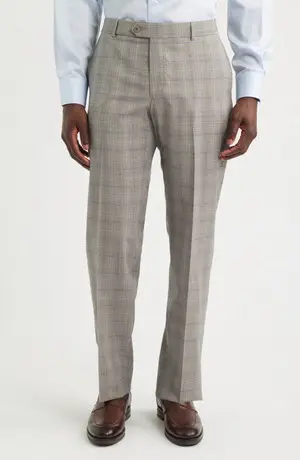 Berle Light Grey Plaid Flat Front Wool Dress Pants