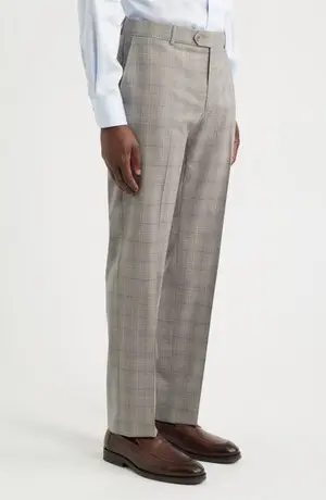 Berle Light Grey Plaid Flat Front Wool Dress Pants