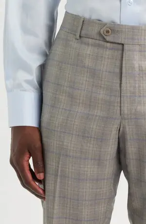 Berle Light Grey Plaid Flat Front Wool Dress Pants