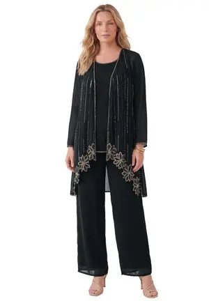 ROAMAN'S Floral Beaded Georgette Three-piece Pant Set - Black