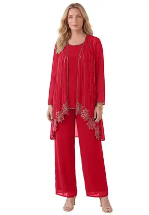 Roaman's Floral Beaded Georgette Three-piece Pant Set - Classic Red
