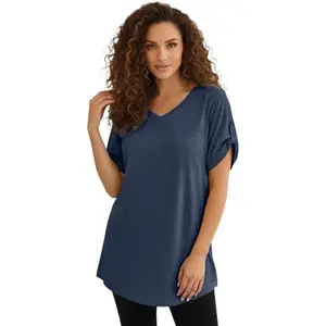 Roaman's Slub V-neck Boyfriend Tunic Top - Navy