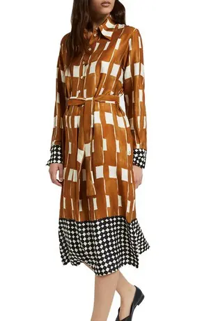 OTTOD'AME Viscose Midi Shirt Dress With Geometric Print And Sash - Brown