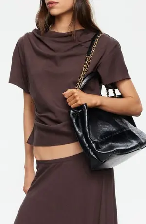 Lioness Halcyon Cowl Neck Crop Linen Blend Top - Brown