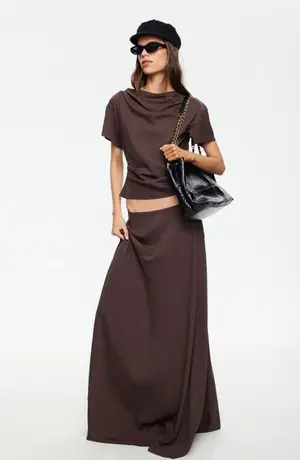 Lioness Halcyon Cowl Neck Crop Linen Blend Top - Brown
