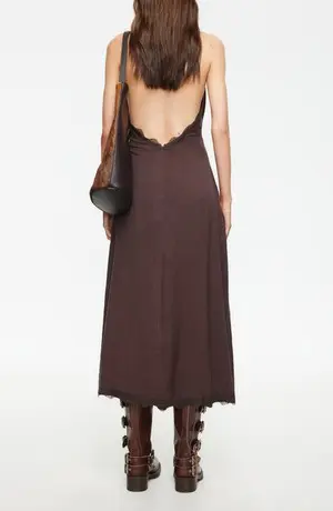 Lioness Stars Align Lace Trim Linen Blend Halter Midi Dress - Brown