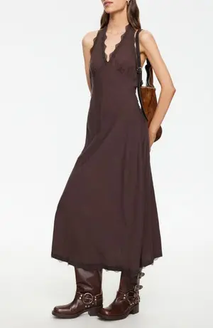 Lioness Stars Align Lace Trim Linen Blend Halter Midi Dress - Brown