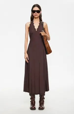 Lioness Stars Align Lace Trim Linen Blend Halter Midi Dress - Brown