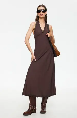 Lioness Stars Align Lace Trim Linen Blend Halter Midi Dress - Brown