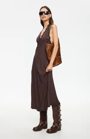 Lioness Stars Align Lace Trim Linen Blend Halter Midi Dress - Brown