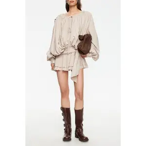 Lioness Pleated Long Sleeve Mini Dress - Beige