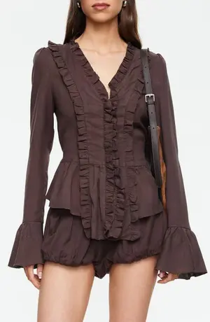 Lioness Odette Ruffle Bell Sleeve Top - Brown
