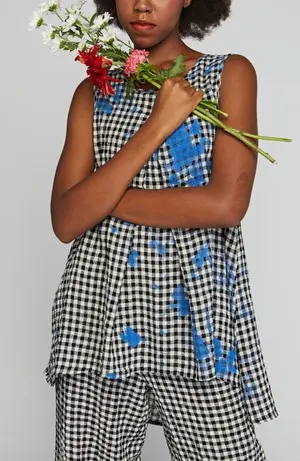 LUUKAA Tableau Checkered Gauze Linen Top - Blue