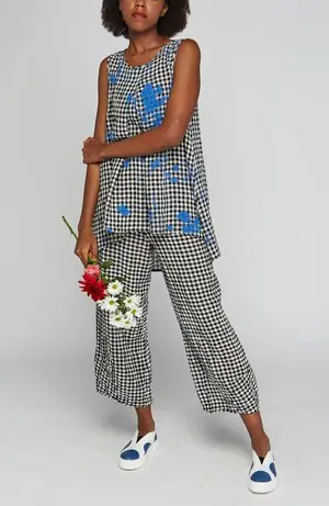 LUUKAA Tableau Checkered Gauze Linen Top