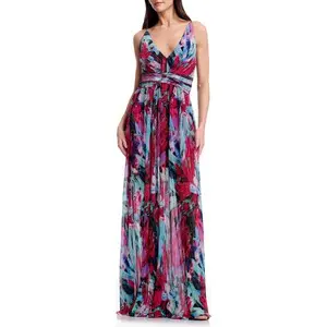 Dress The Population Taylor Metallic Floral Plissé Gown - Bright Fuchsia Multi