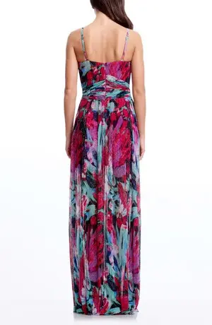 Dress The Population Taylor Metallic Floral Plissé Gown - Bright Fuchsia Multi