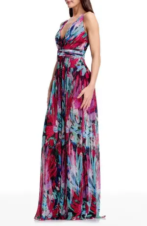 Dress The Population Taylor Metallic Floral Plissé Gown - Bright Fuchsia Multi