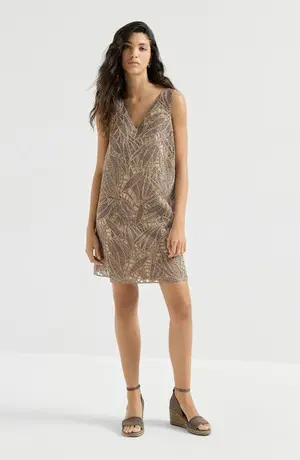 Brunello Cucinelli Dazzling Cacao Leaves Embroidery Dress - Rope