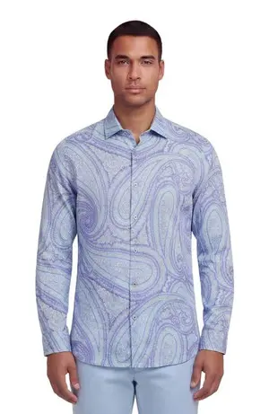 LORDS OF HARLECH Uomo Wild Paisley Oxford Long Sleeve Fine Linen Shirt - Blue