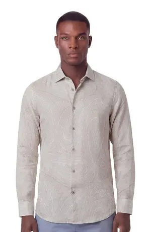 LORDS OF HARLECH Uomo Wild Paisley Oxford Long Sleeve Fine Linen Shirt - Ivory