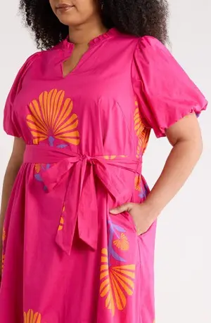 SUGARLIPS Puff Sleeve Printed Cotton Midi Dress With Tie Belt