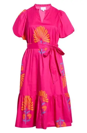 SUGARLIPS Puff Sleeve Printed Cotton Midi Dress With Tie Belt