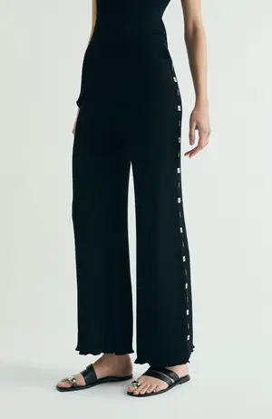 SCALPERS Ribbed Knit Wide Leg Trousers With Side Appliques - Black