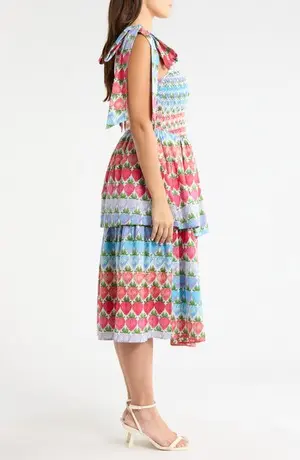 SUGARLIPS Berry Burst Layered Ruffle Tie Strap Midi Dress