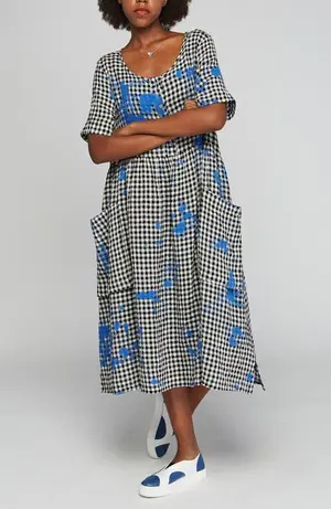 LUUKAA Zane Checkered Gauze Linen Dress With Tie-dye Finish