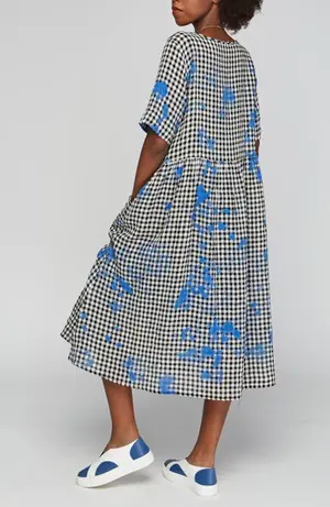 LUUKAA Zane Checkered Gauze Linen Dress With Tie-dye Finish