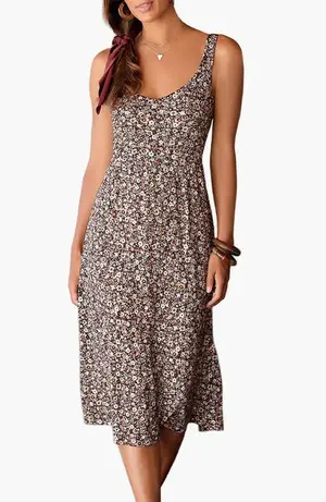 LASCANA Floral Midi Dress With Bow Detail - Brown Multi