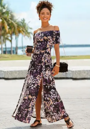 LASCANA Floral Off-the-shoulder Maxi Dress - Black Multi