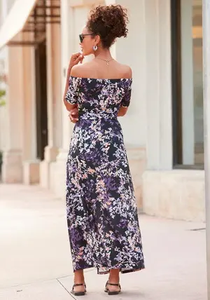 LASCANA Floral Off-the-shoulder Maxi Dress - Black Multi