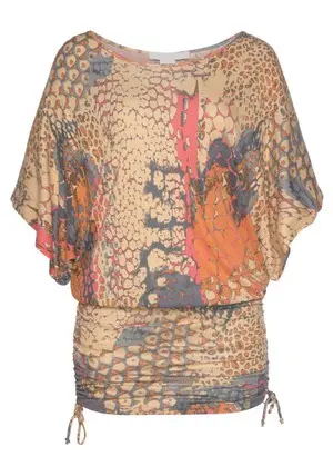 LASCANA Ruched Drawstring Dress With Boat Neck And Dolman Sleeves