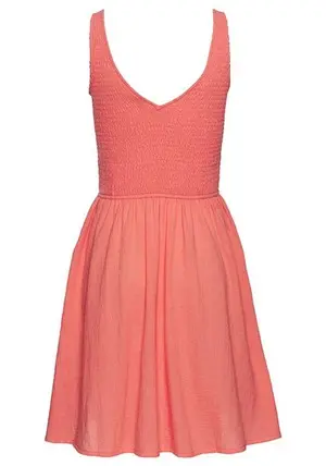 LASCANA Smocked V-neck Dress - Coral