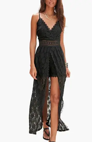 LASCANA Lace Maxi Overlay Romper - Black