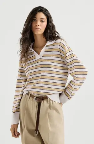 Brunello Cucinelli Knit Polo With Sparkling Stripes - Yellow