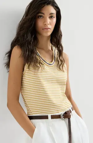 Brunello Cucinelli Striped Jersey Tank Top With Monili Embellishment